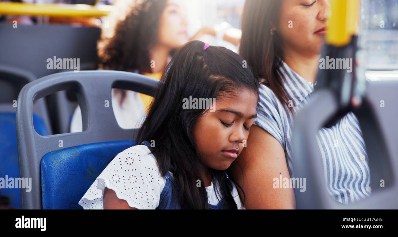 Girl, mom and sleeping in bus, travel and rest on journey with care ...