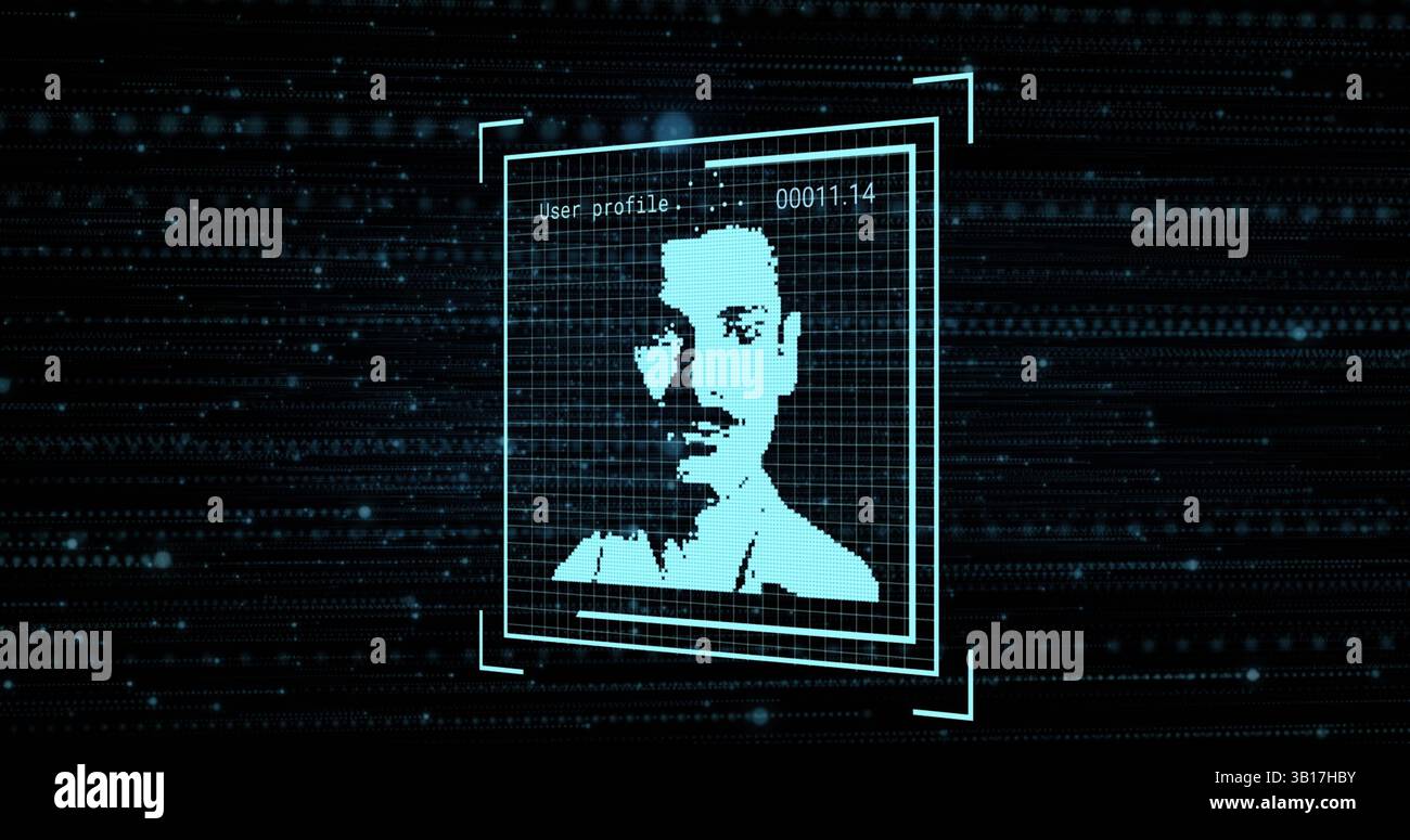 Displaying user profile window showing pixelated male face in interface, with cyan grid and code ...