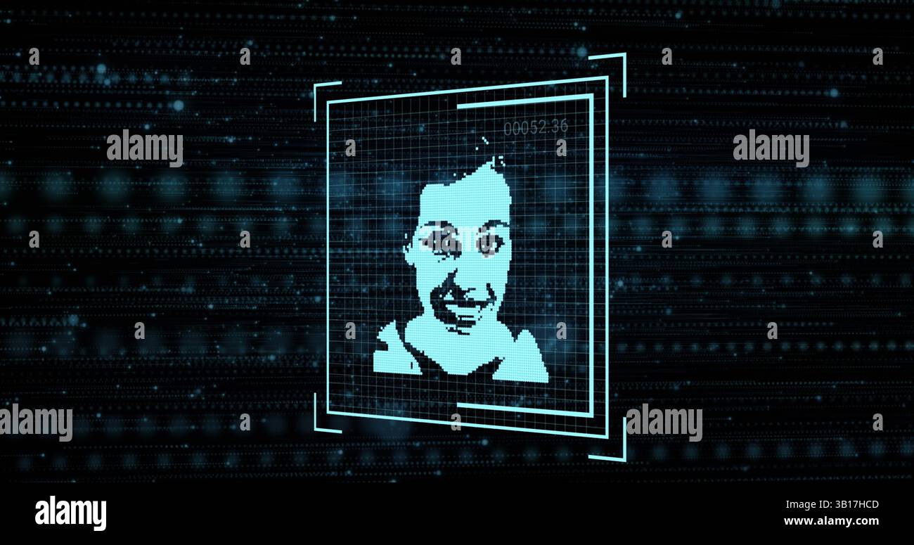 Scanning pixel female face in interface, with neon blue frame grid lines timestamp and binary ...