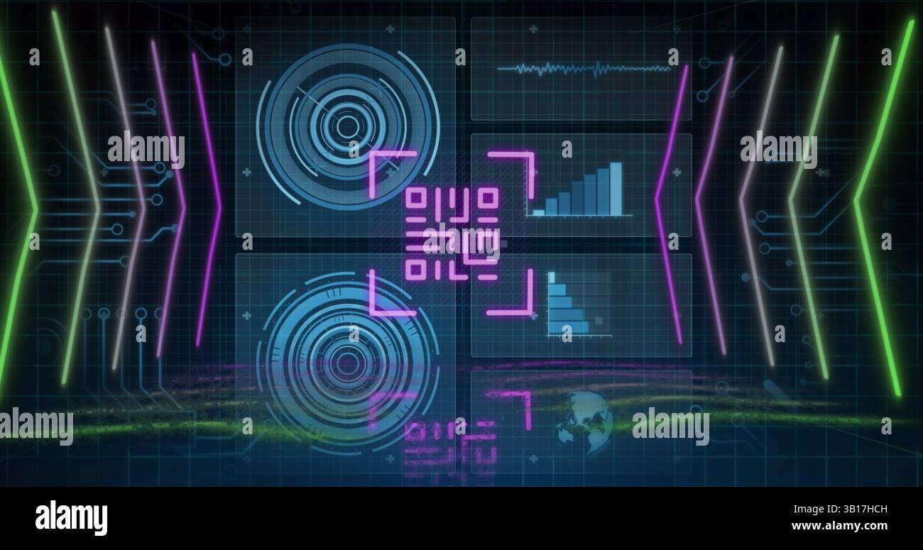 Image of qr code over scope scanning and data processing on black ...