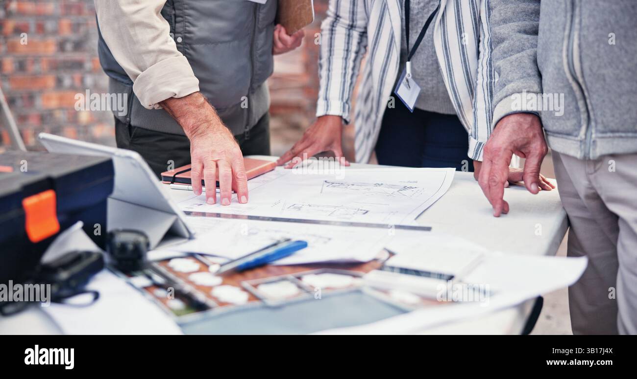 Construction site, people and hands for documents, blueprint and floor ...