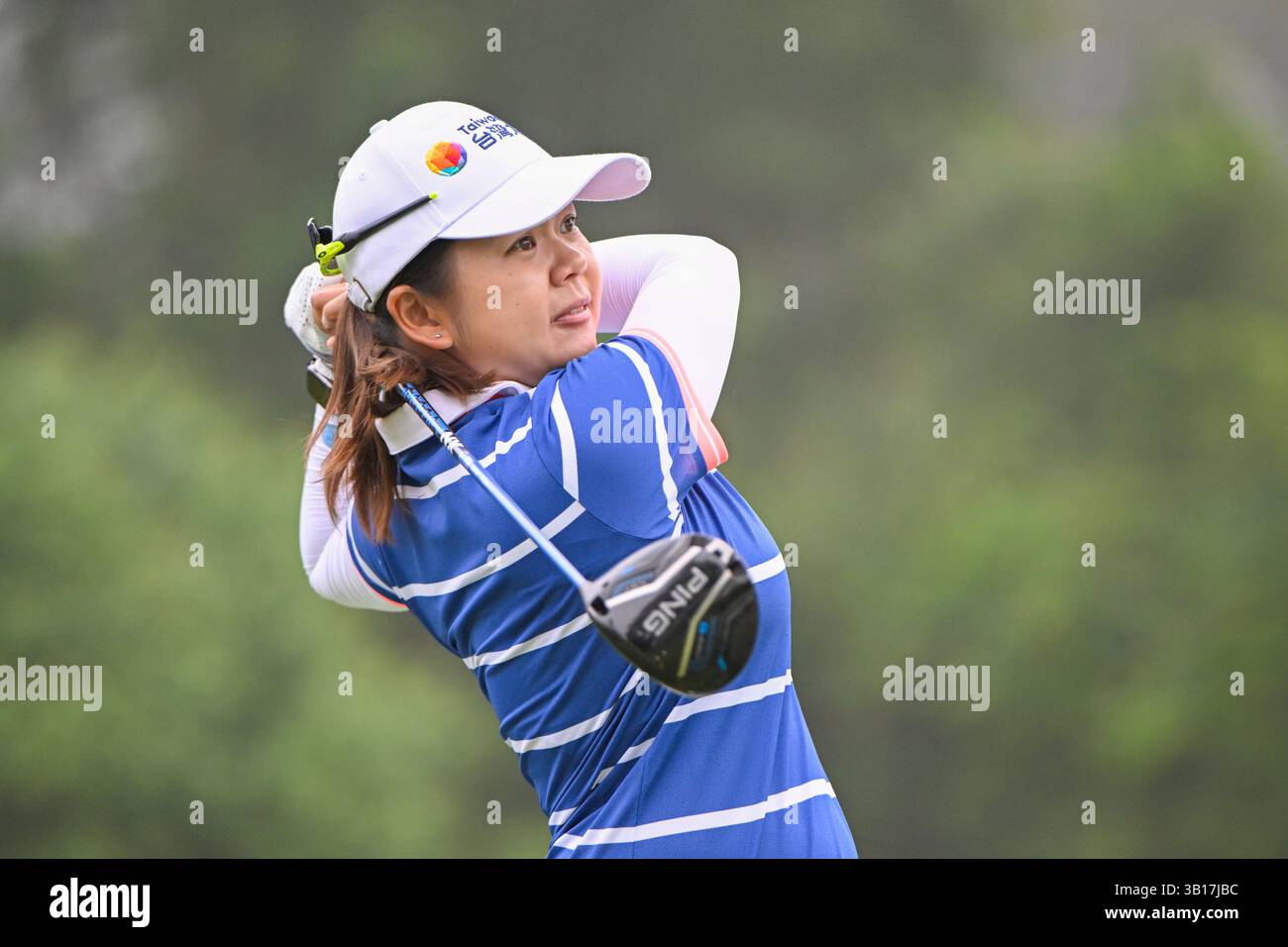 THE WOODLANDS, TX - APRIL 25: Wei-Ling Hsu (TPE) watches her tee shot ...