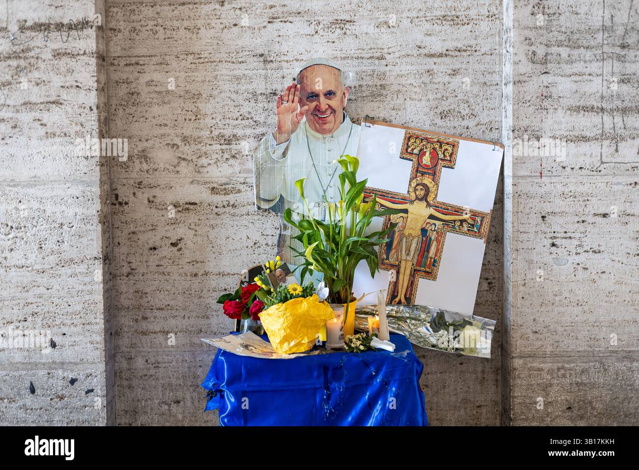Vatican - April, 23, 2025: Pope Francis memorial with cross flowers and ...