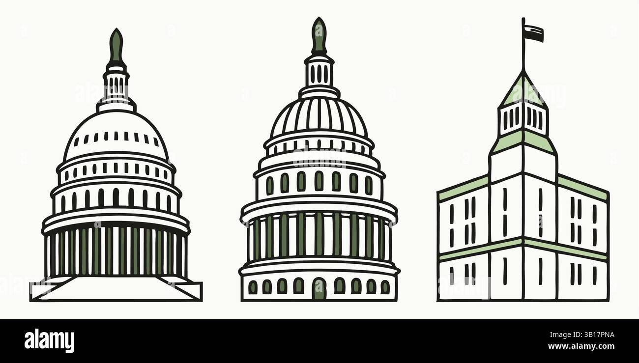 Vector silhouette of iconic US Capitol building variations with dome ...