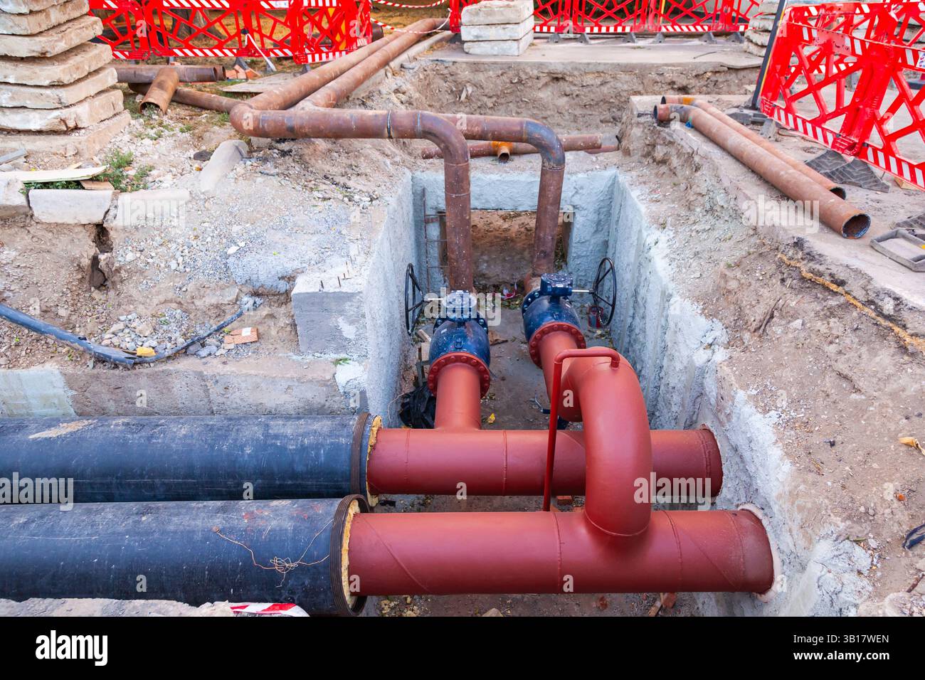 A system of new large diameter water pipes with insulation and valves ...