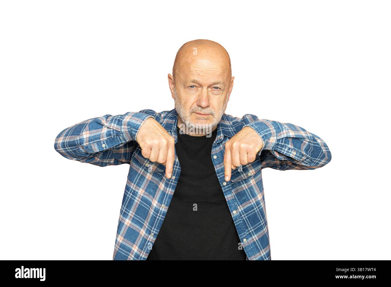 a man makes the "here" finger gesture on a transparent background Stock ...