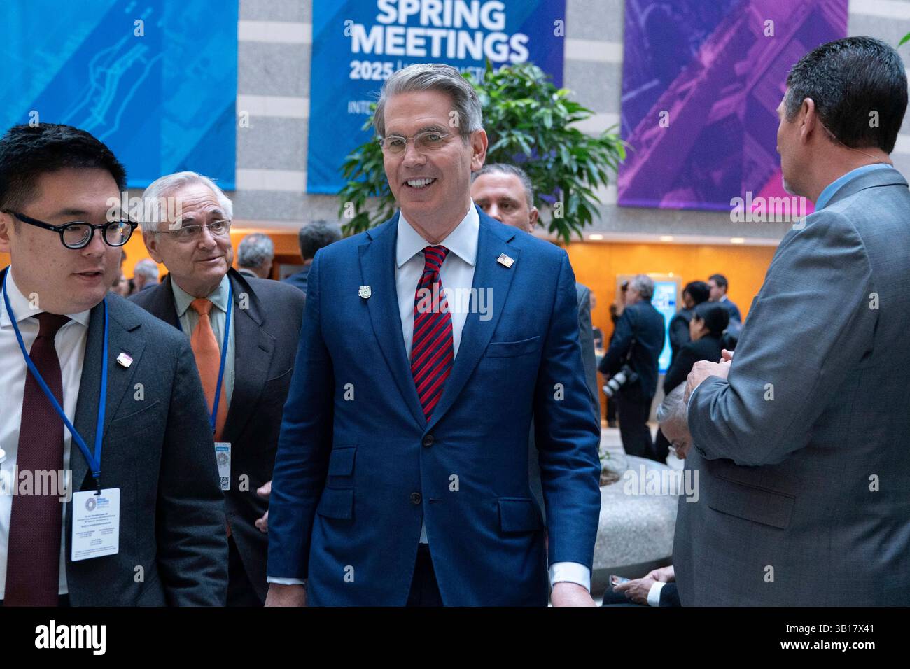 Treasury Secretary Scott Bessent departs a breakfast meeting during the ...