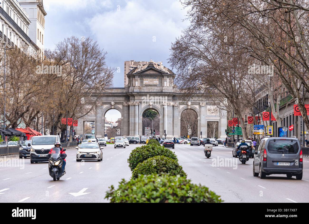 Madrid, Spain - 03.10.2025: View with The Puerta de Alcala Neoclassical ...