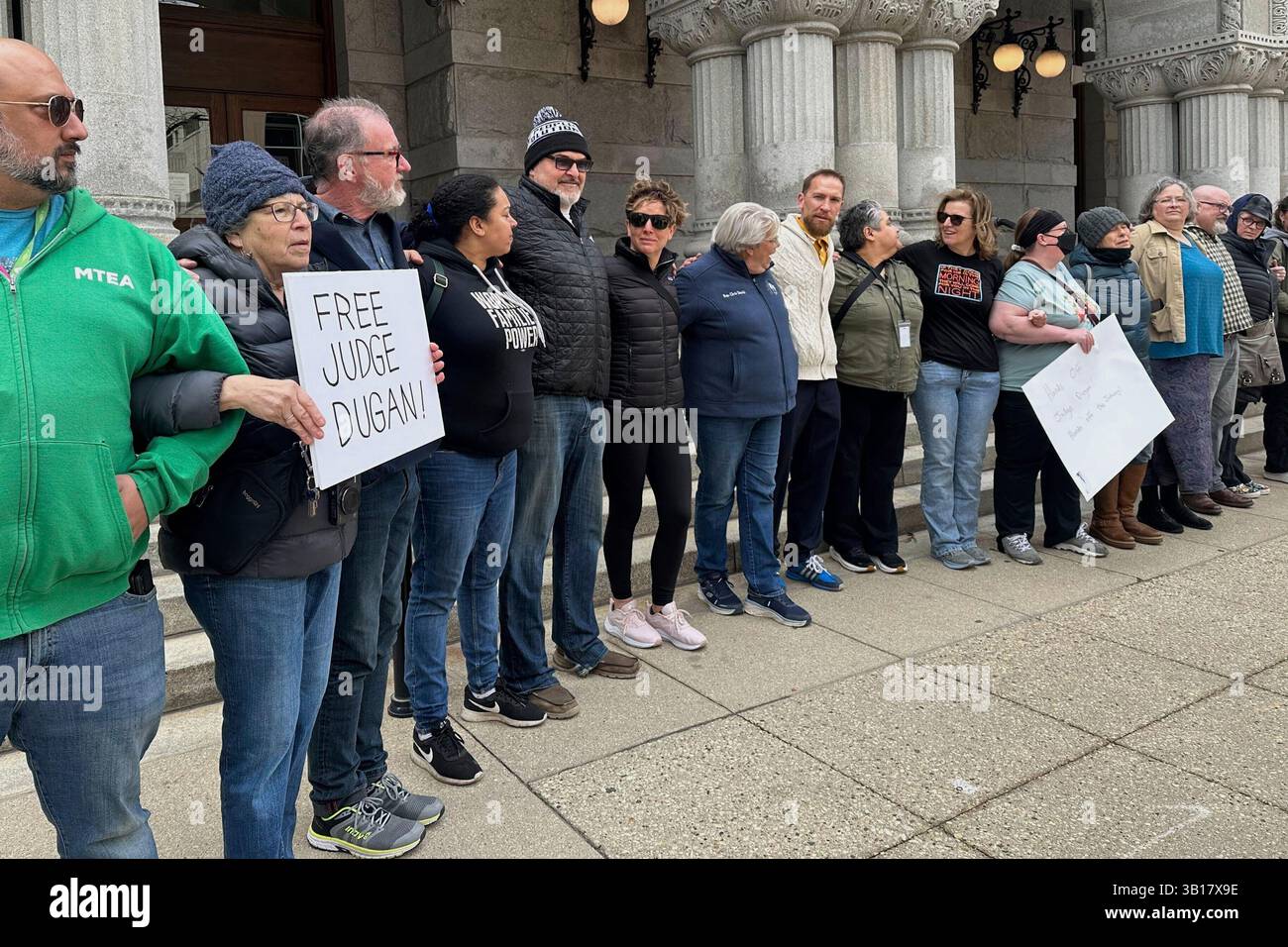 People gather to demonstrate the arrest of Judge Hannah Dugan, outside ...