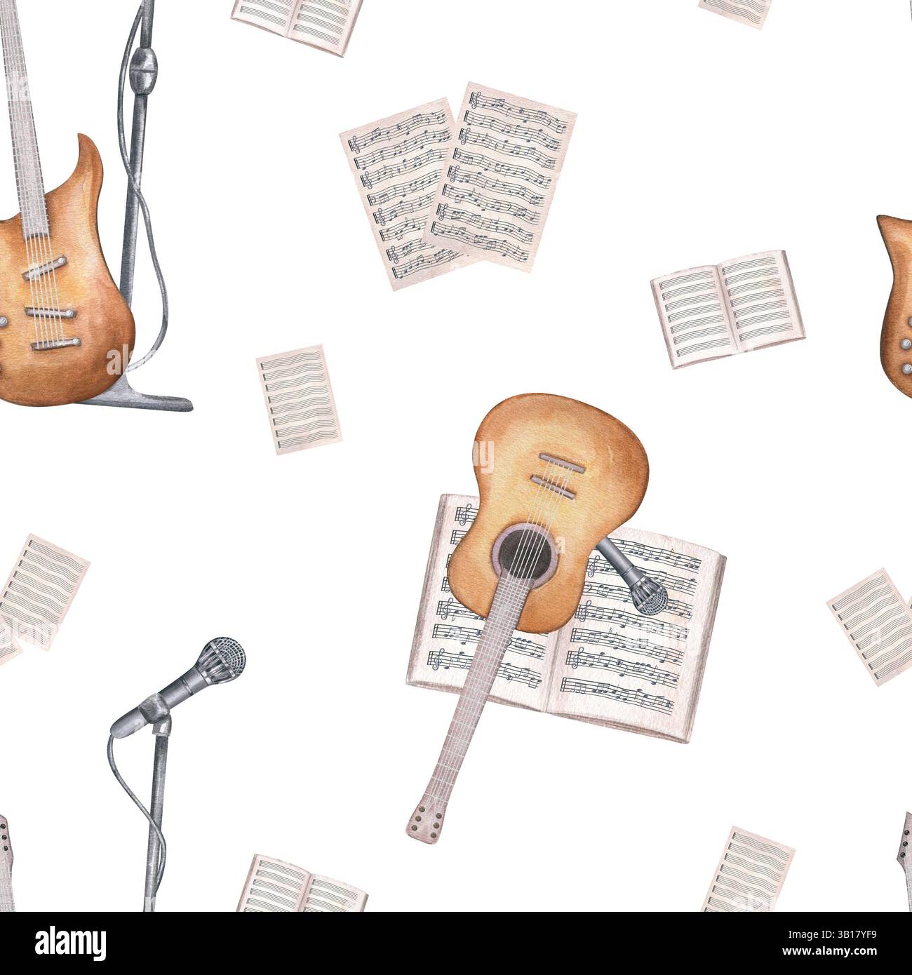 Watercolor musical string instruments with music note sheets and ...