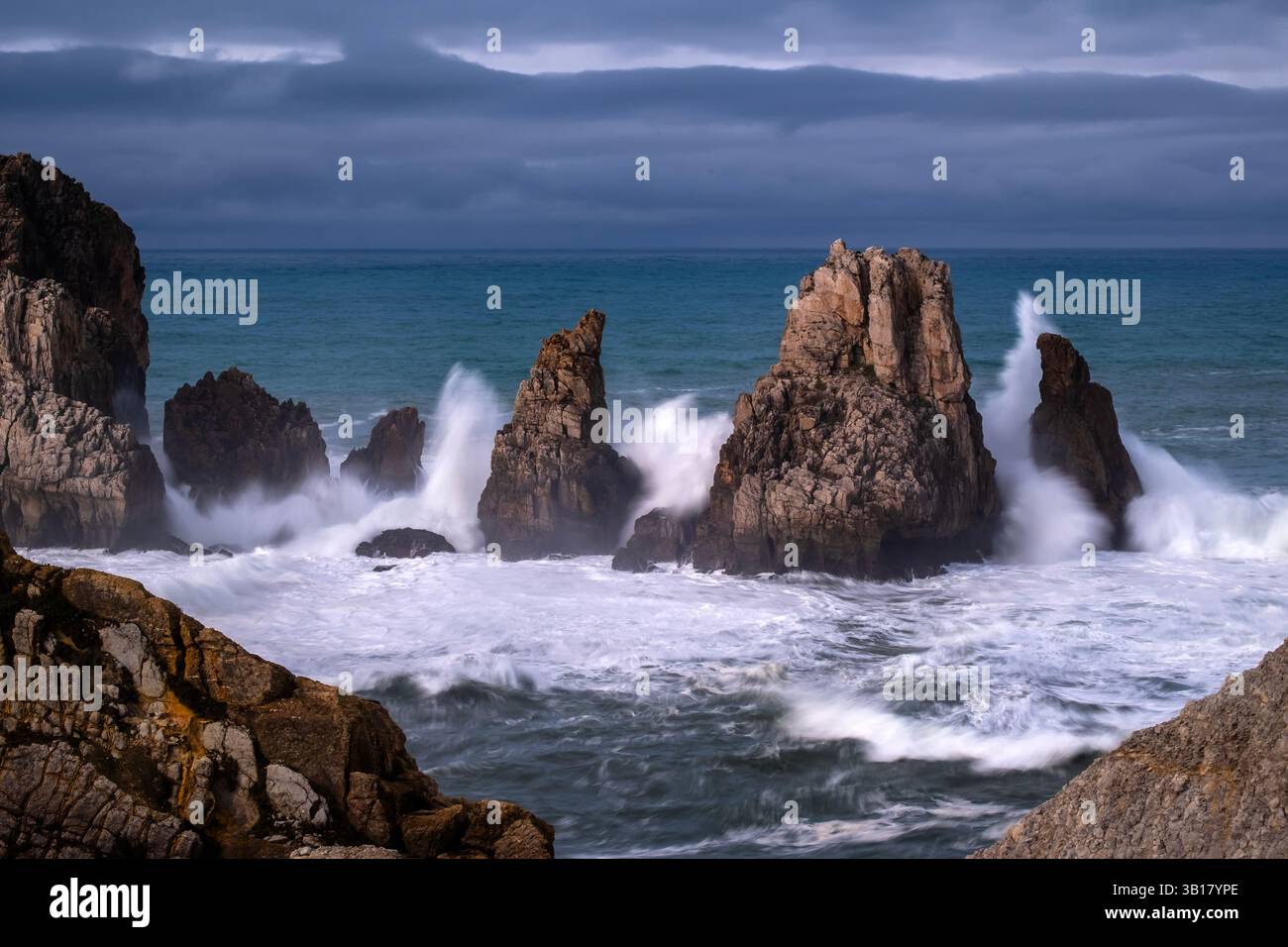 Big waves in the The Broken Coast, UNESCO geopark. Cantabria, Spain ...