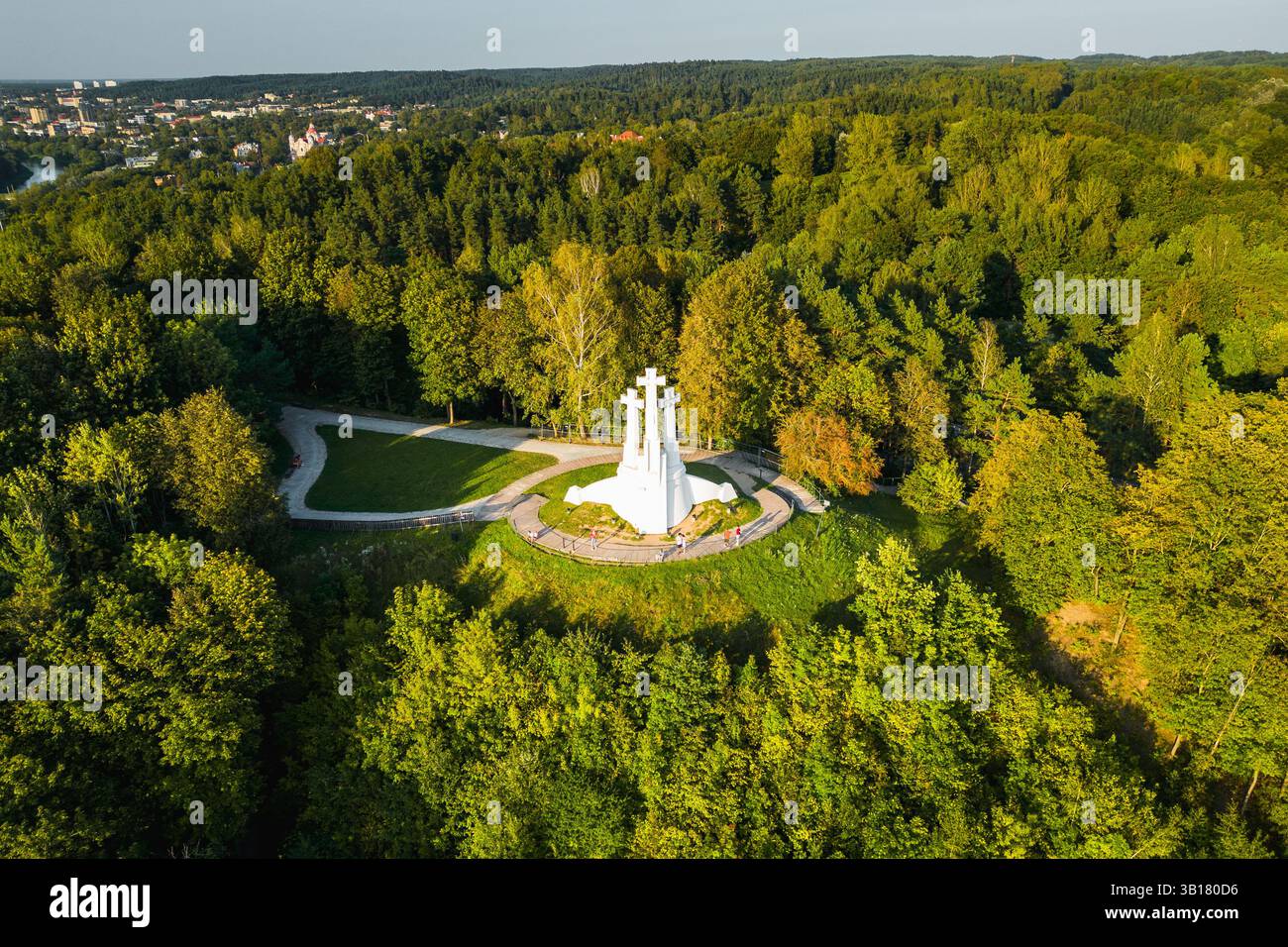 Aerial View of Three Crosses Monument on the Hill With the Forest Trees ...