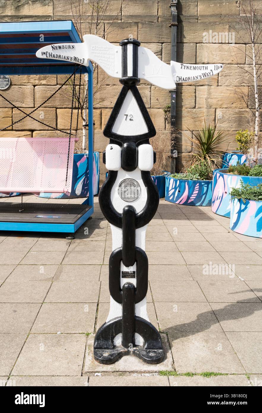 Millennium milepost on national cycle route 72 in Newcastle, painted in ...