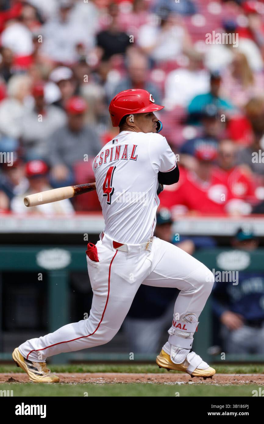 CINCINNATI, OH - APRIL 17: Cincinnati Reds third baseman Santiago Espinal (4) bats during an MLB ...