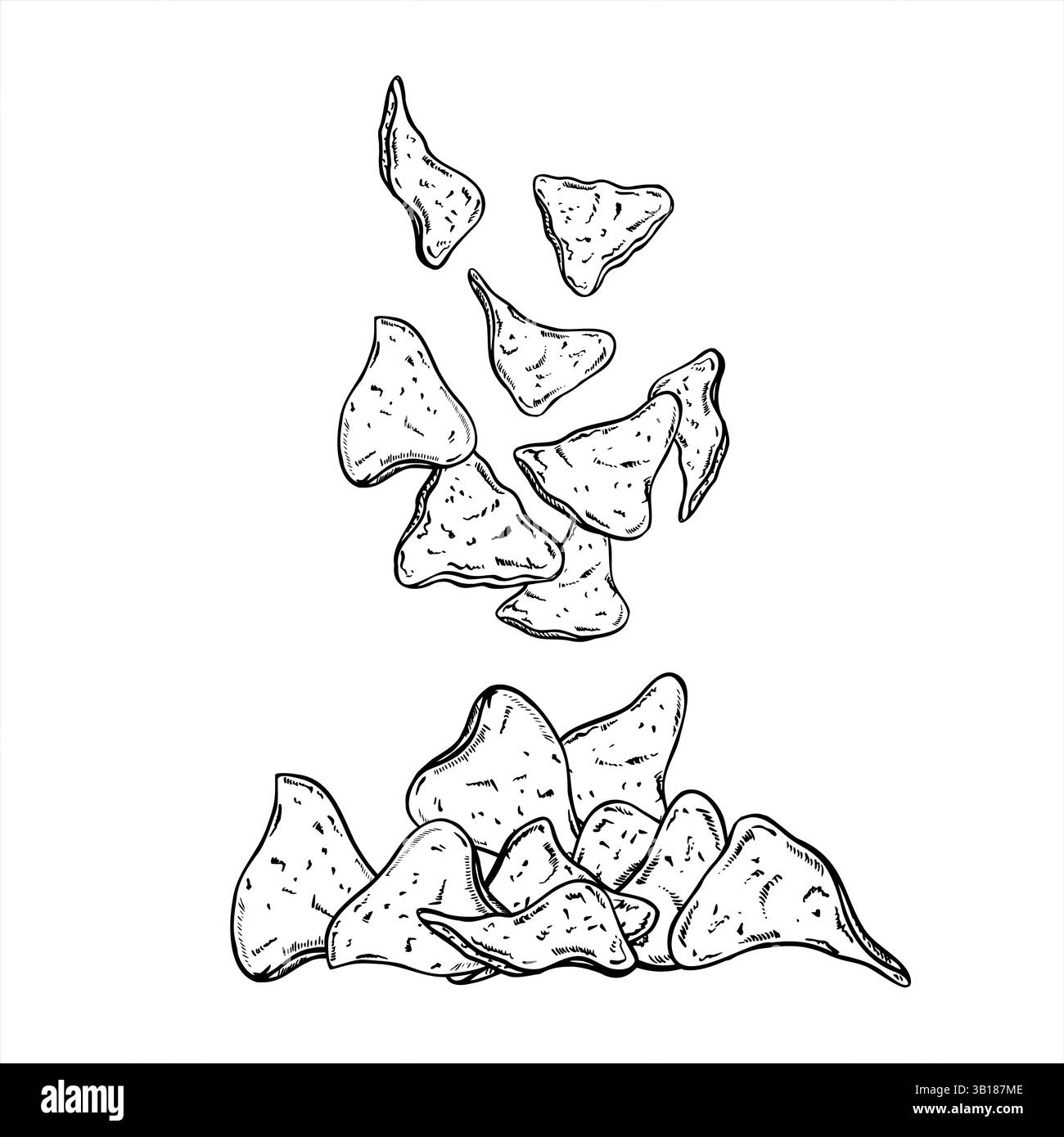 Nacho chips mid flight, chaotically falling into pile dynamic ...