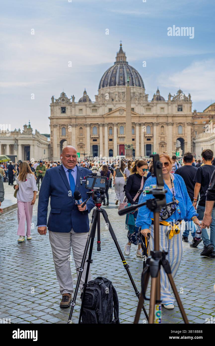 Vatican - April, 23, 2025: Journalist prepares live broadcast from St ...