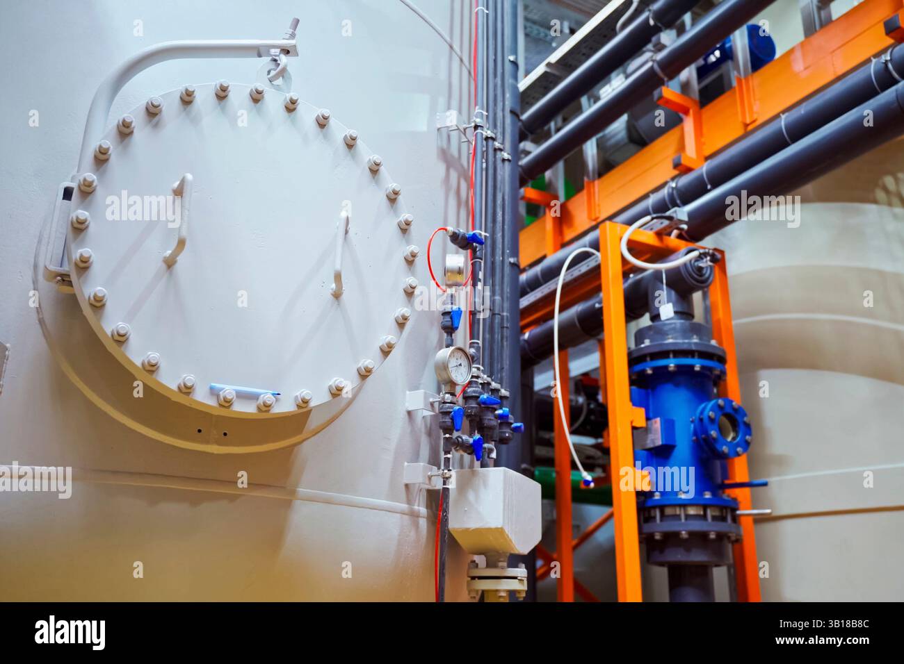 equipment at the gas compressor station. Turbines and pipe gate valves ...