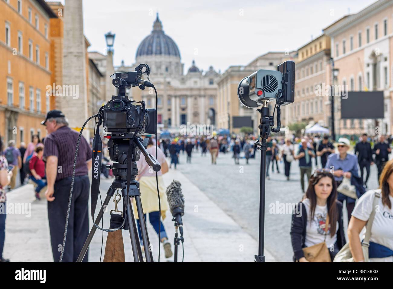 Vatican - April, 23, 2025: TV camera focused on St Peters Basilica ...