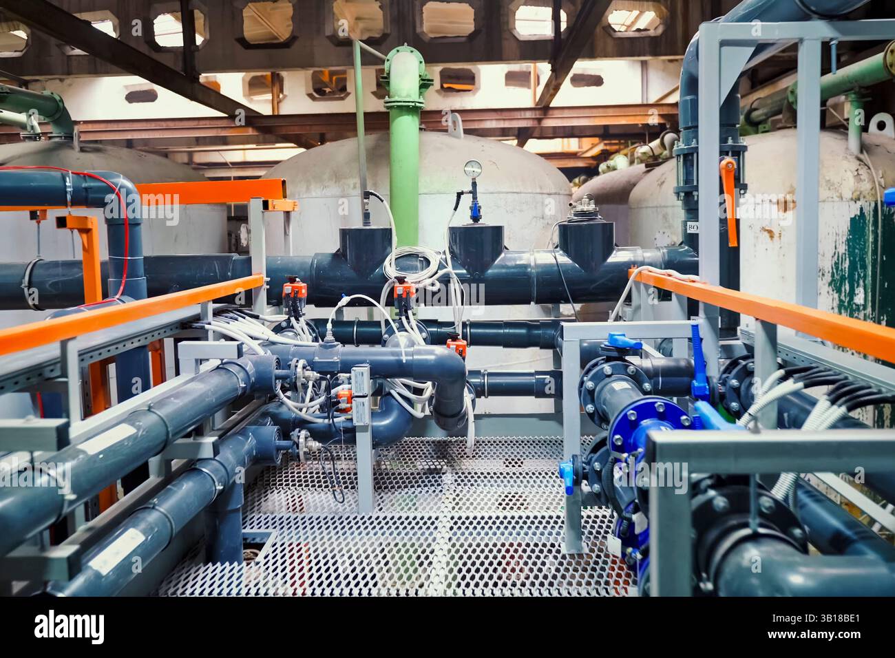 equipment at the gas compressor station. Turbines and pipe gate valves ...