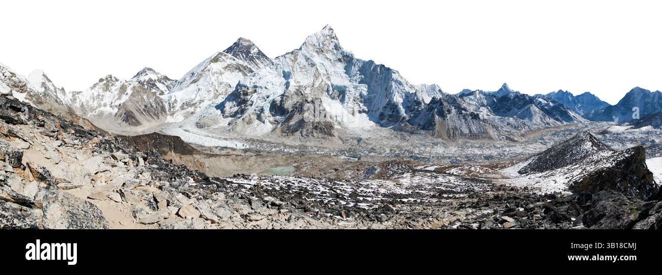 Mount Everest, Lhotse and Nuptse from Kala Patthar isolated on white ...
