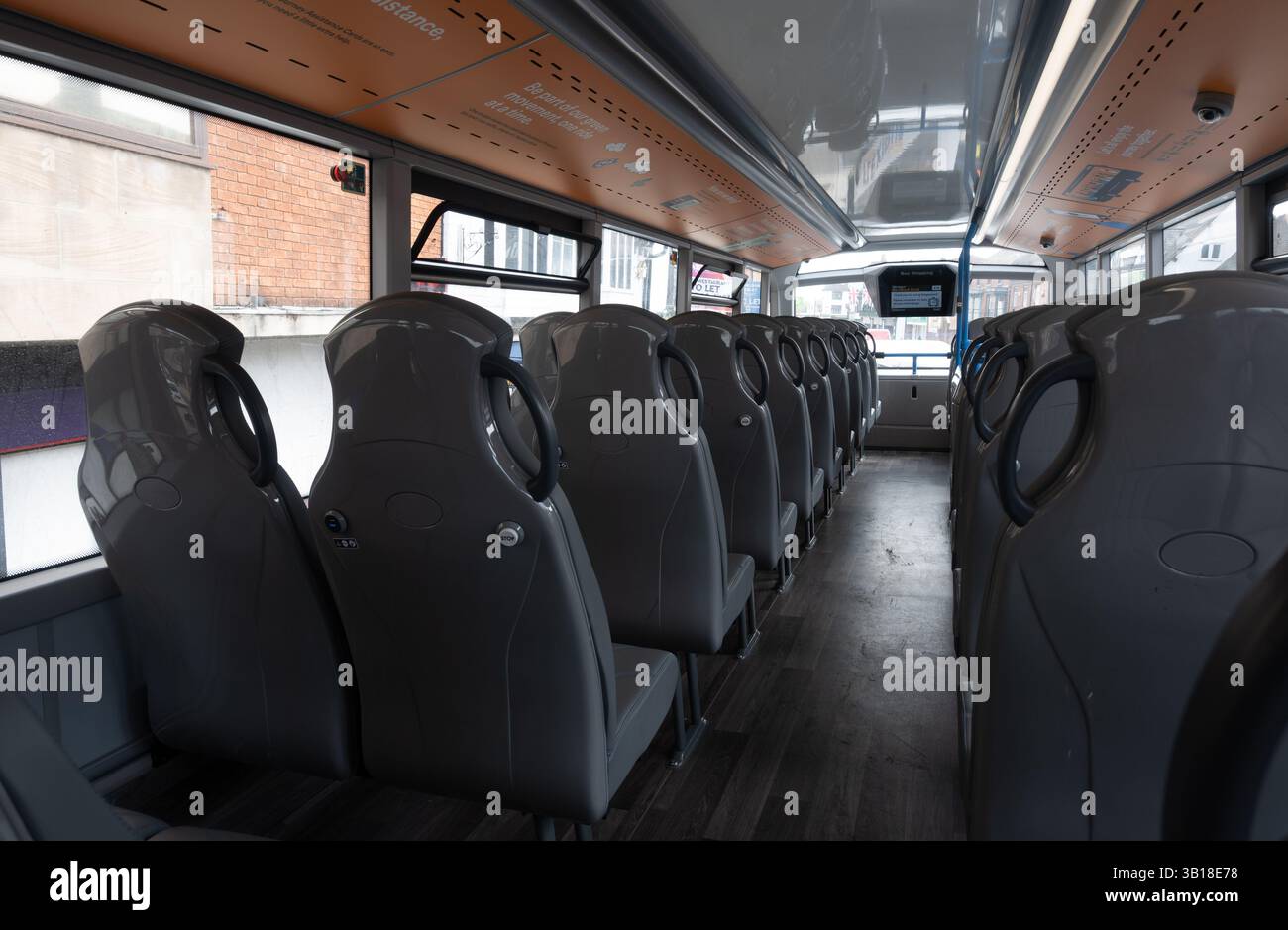 Upstairs interior of a Stagecoach electric bus, UK Stock Photo - Alamy