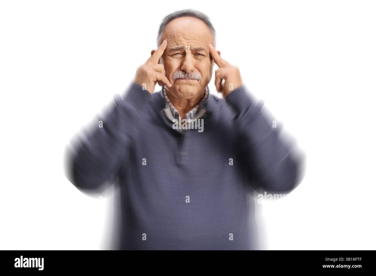 Mature man with headache holding fingers on forehead isolated on white ...