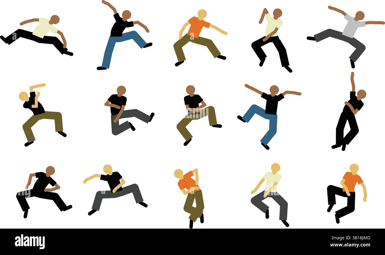 Stylized Dancing Characters in Colorful Outfits Illustration Stock ...