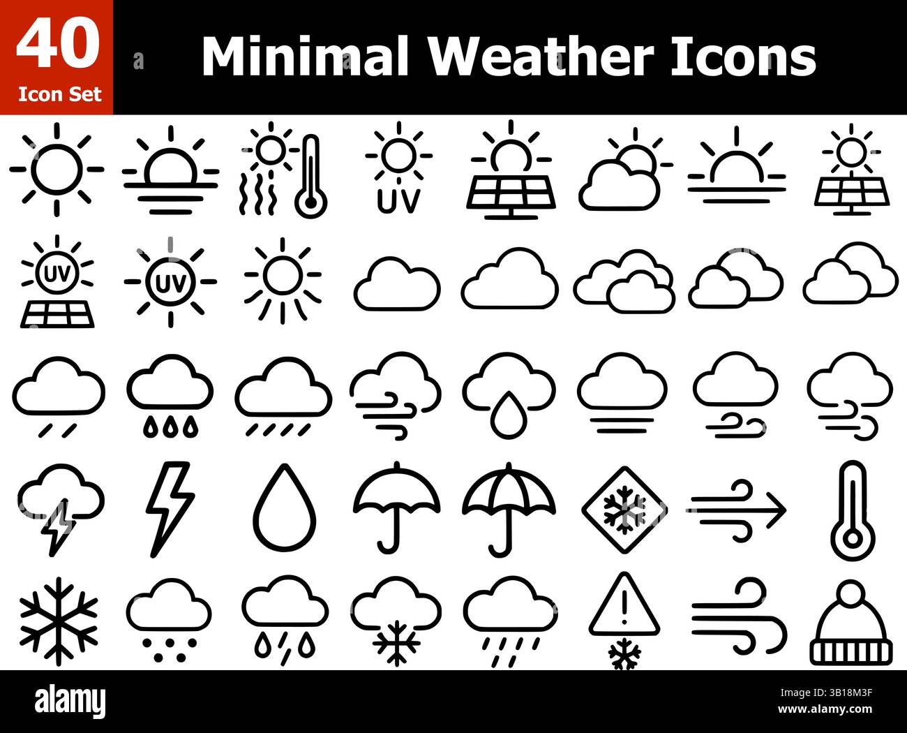Minimal line weather icon set with temperature sun cloud rain snow wind umbrella storm and ...
