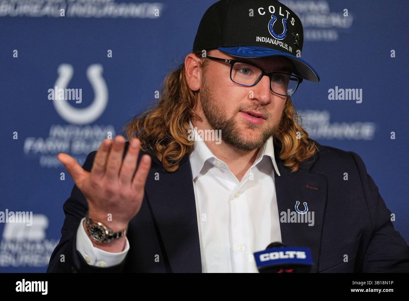 Indianapolis Colts first-round draft choice Tyler Warren speaks during a press conference at NFL ...