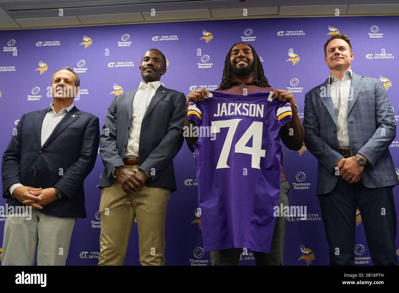 From left to right, Minnesota Vikings owner Mark Wilf, general manager Kwesi Adofo-Mensah, first ...
