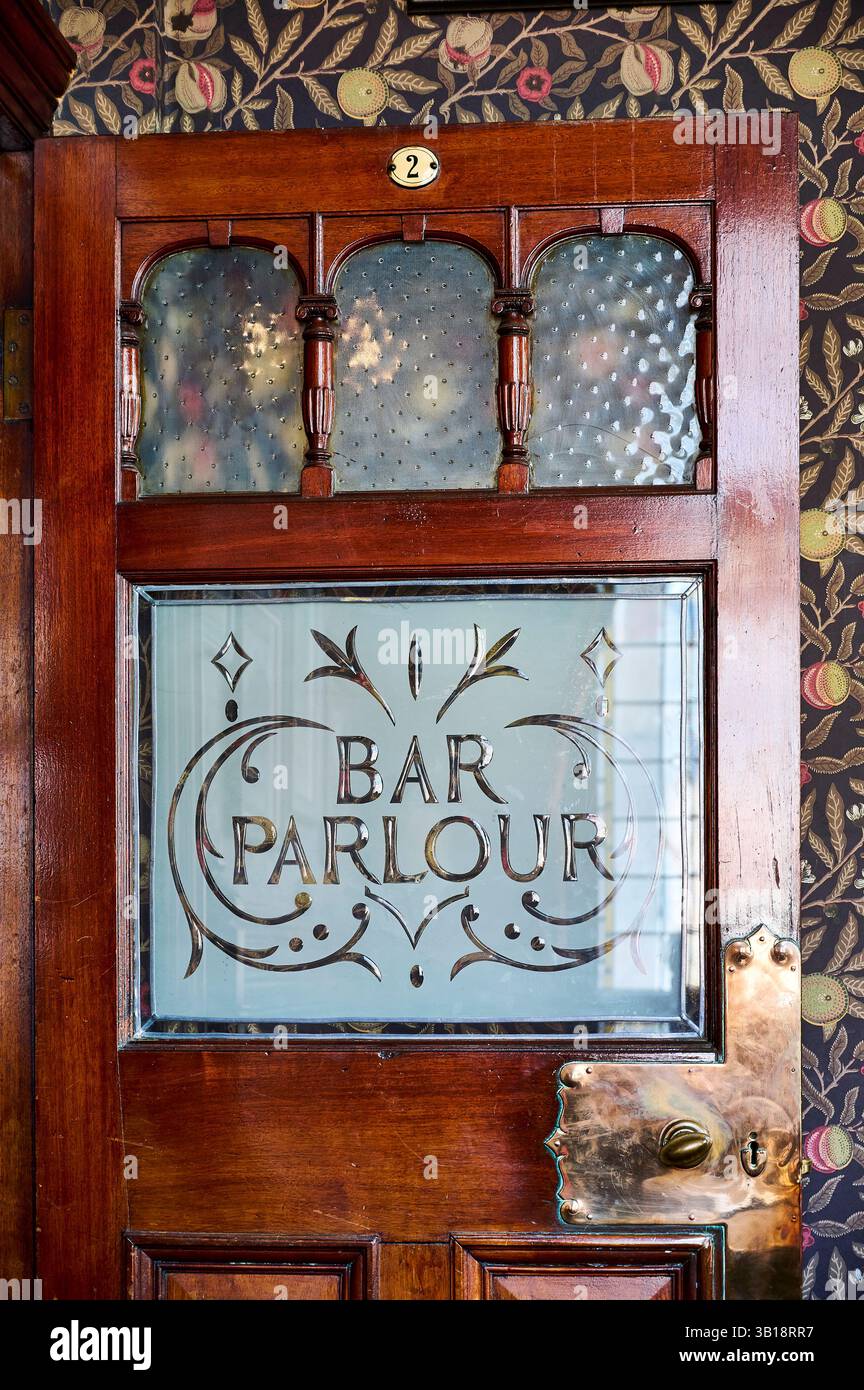 Bar Parlour etched on glass door of The Black Horse pub in Preston City ...