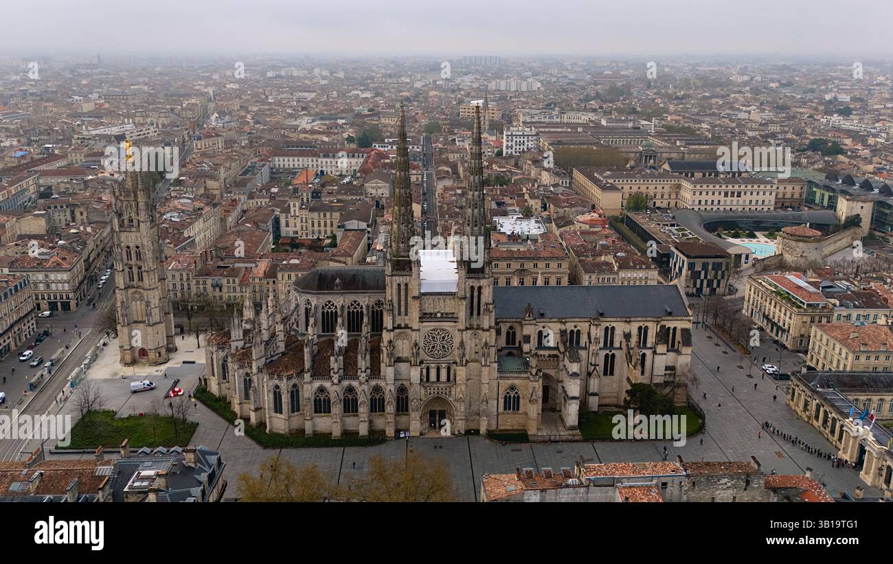 Aerial view of Saint Andre Cathedral and Pey Berland Tower in Bordeaux ...