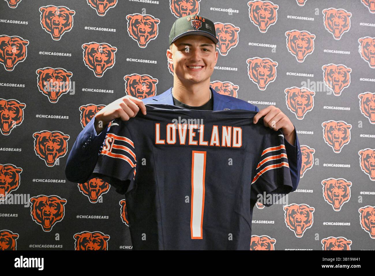 Tight end Colston Loveland, the Chicago Bears' first round draft pick, 10th overall, shows off ...