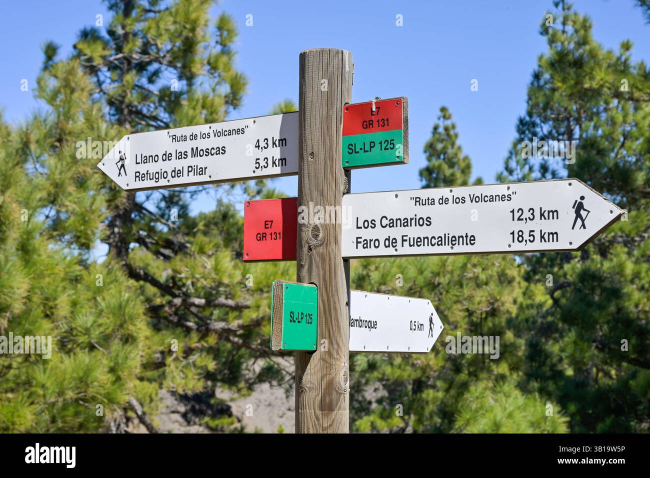 Wegweiser, Schilder, Wanderweg Ruta de los Volcanes auf dem Höhenrücken ...
