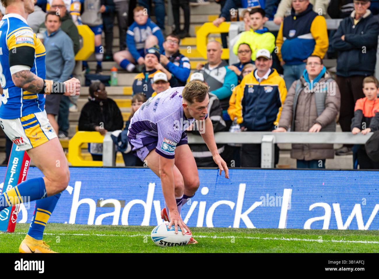 Jack Broadbent touches down for the first try of the game. Credit Paul ...