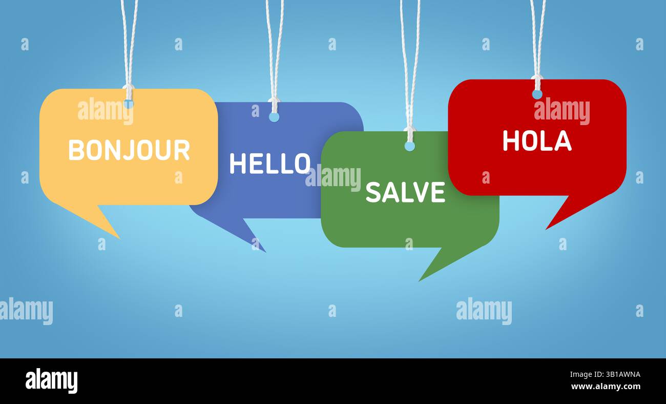Paper speech bubbles with greetings in different languages hanging on ...