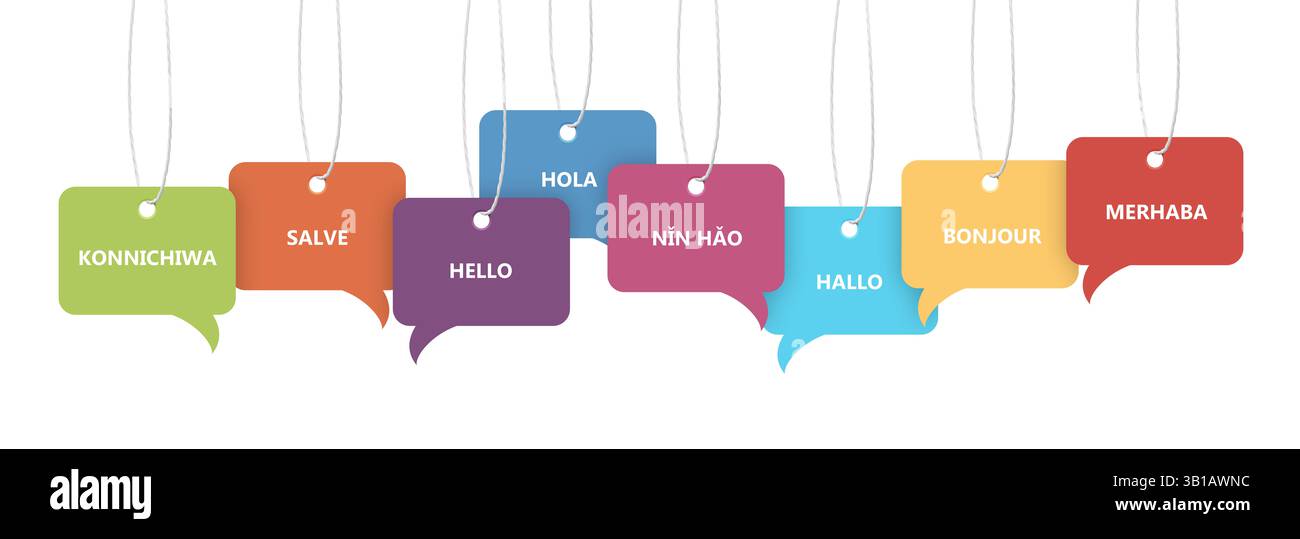 Paper speech bubbles with greetings in different languages hanging on ...