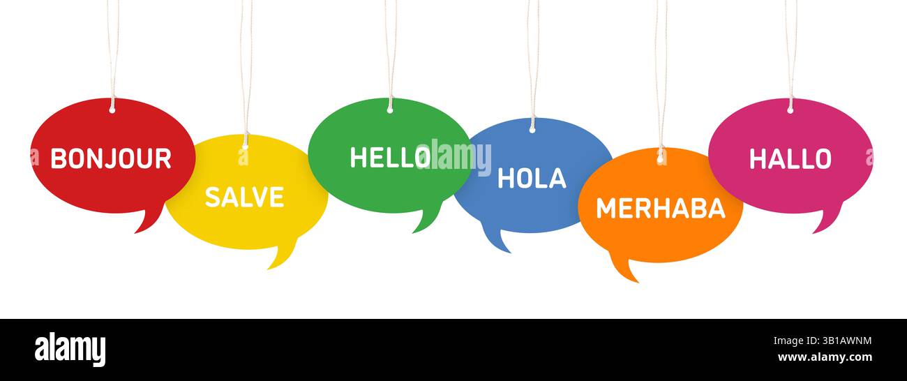 Paper speech bubbles with greetings in different languages hanging on ...