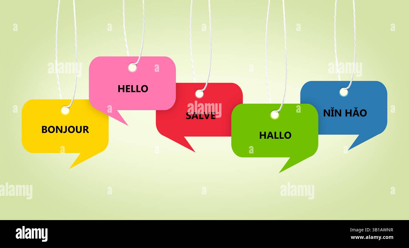 Paper speech bubbles with greetings in different languages hanging on ...