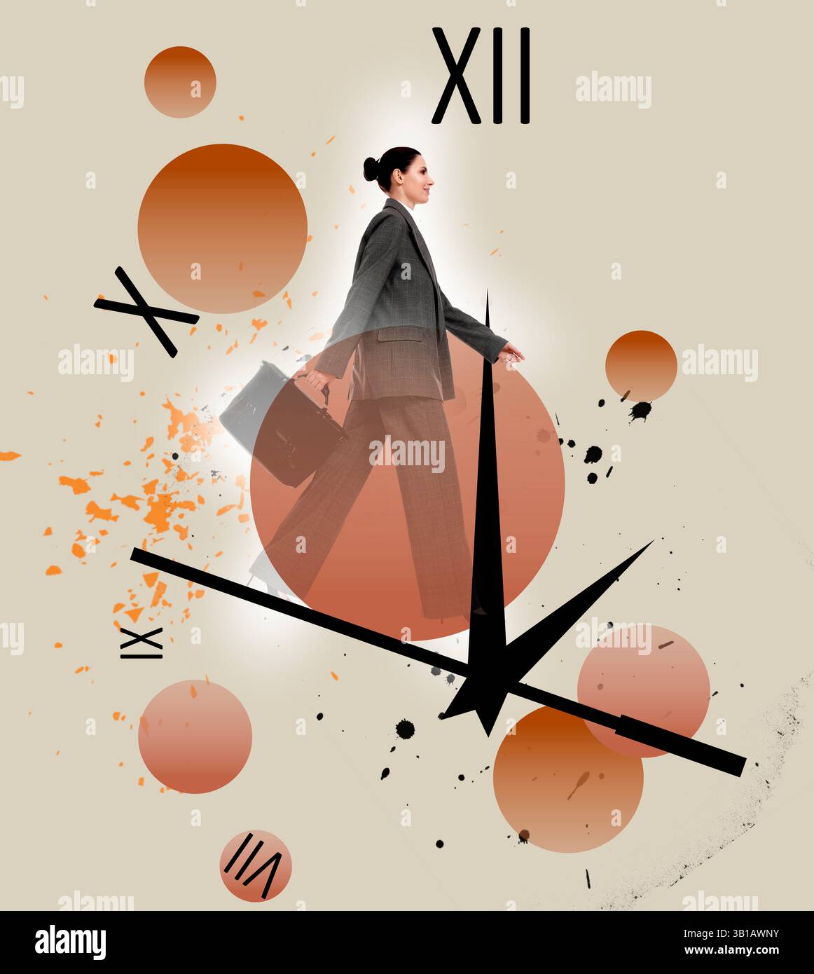 Business woman walking on hand of clock on beige background, creative ...
