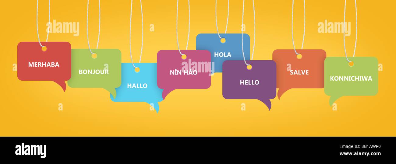 Paper speech bubbles with greetings in different languages hanging on ...
