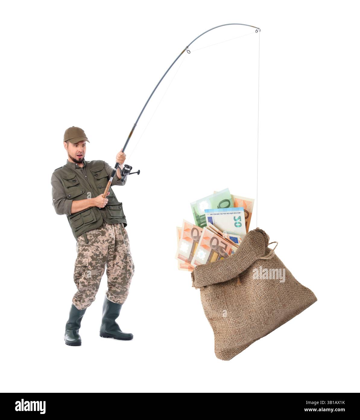 Fisherman catching sack full of money with rod on white background ...