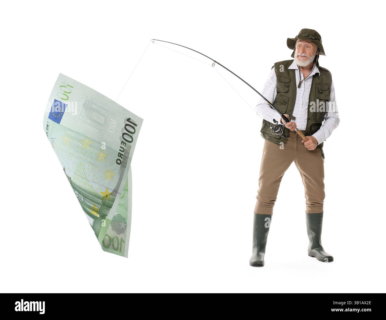 Fisherman catching euro banknote with rod on white background. Money ...