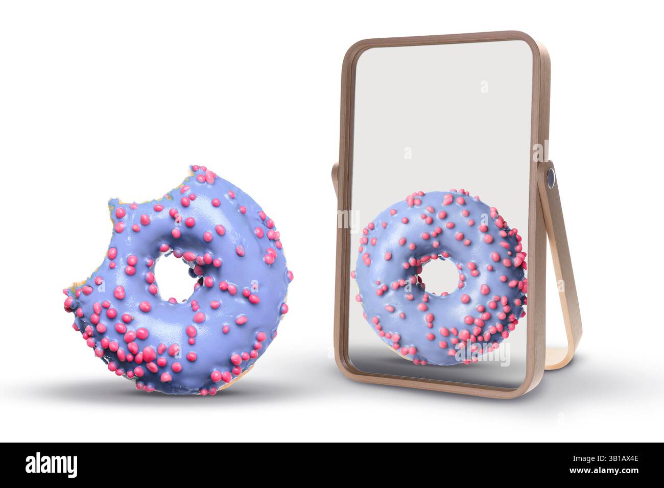 Bitten doughnut reflecting in mirror as whole, white background ...