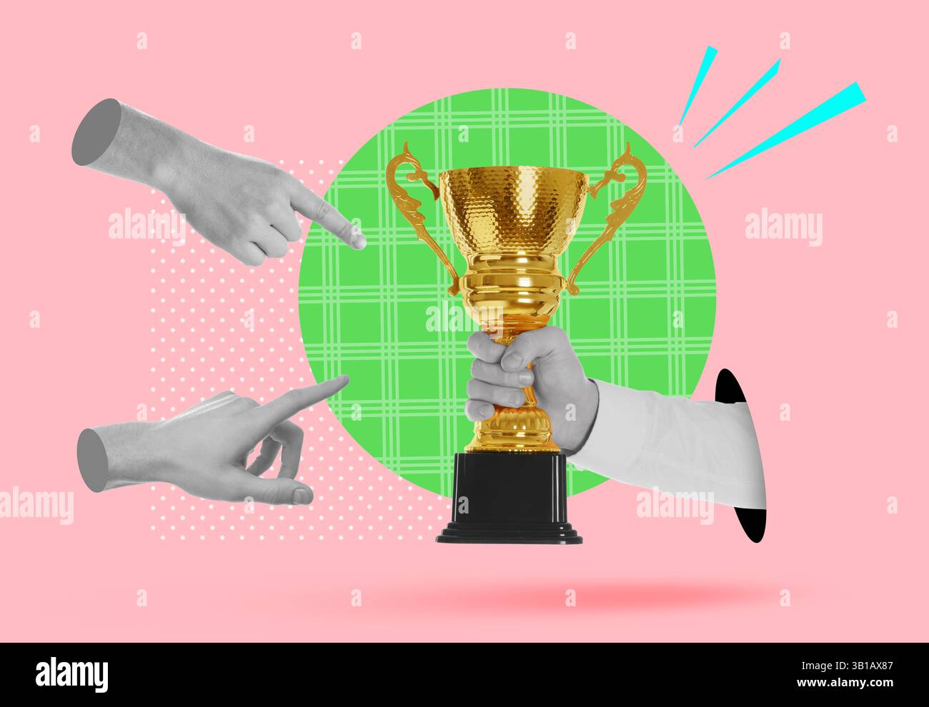 People pointing at golden trophy cup in man's hand on color background ...
