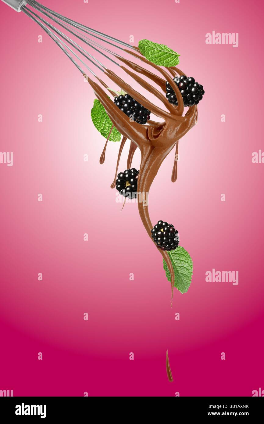 Chocolate cream dripping from whisk and falling blackberries on pink ...