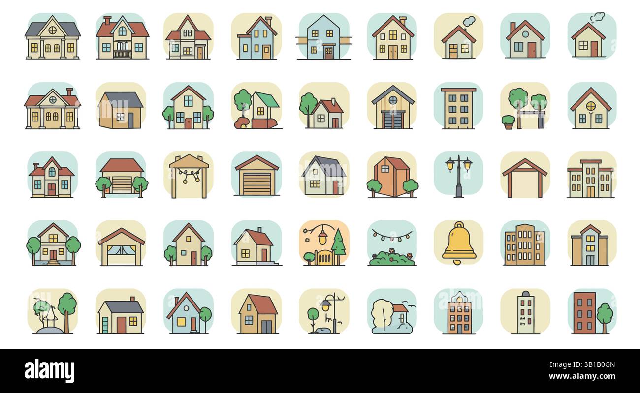 Residential And Urban Architecture Icon Set Building Design Home Structure And Urban Planning