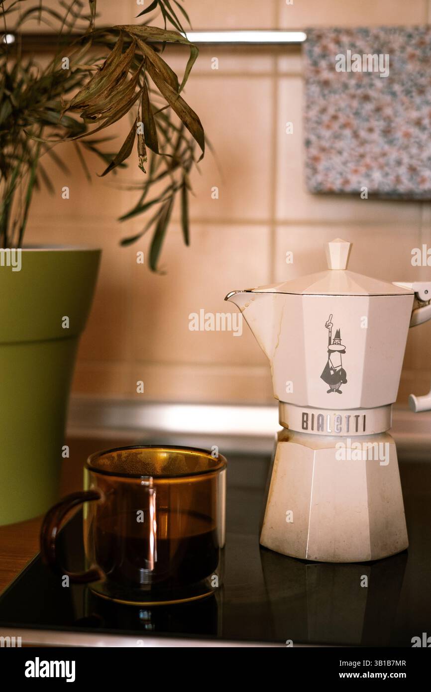 Kyiv, Ukraine. 25 April 2025 Bialetti Moka pot ready to brew coffee ...