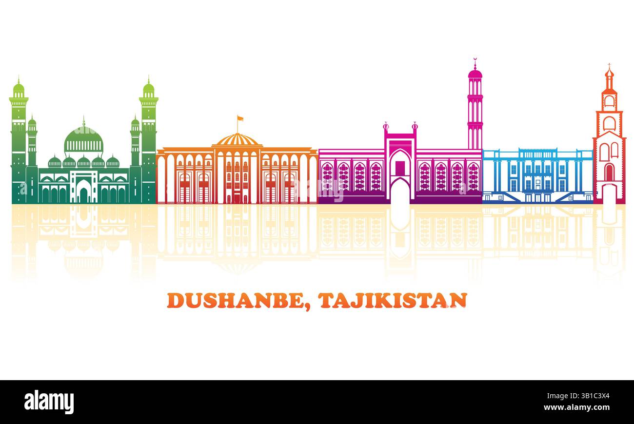 Colourfull Skyline panorama of city of Dushanbe, Tajikistan - vector ...