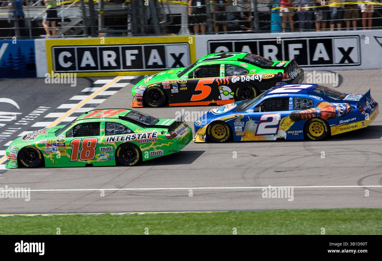 BROOKLYN, MI - AUG 15, 2010: Kyle Busch (18),Mark Martin (5) and Kurt ...